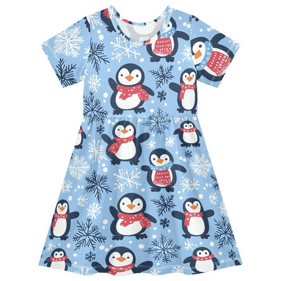 Christmas Penguin Short Sleeve Dress A-Line Cute Midi Casual Sundress 2 ...