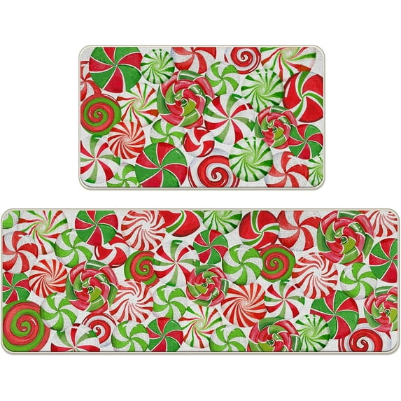 Christmas Peppermint Candy Kitchen Rugs Set of 2, Red Green Xmas Floor ...