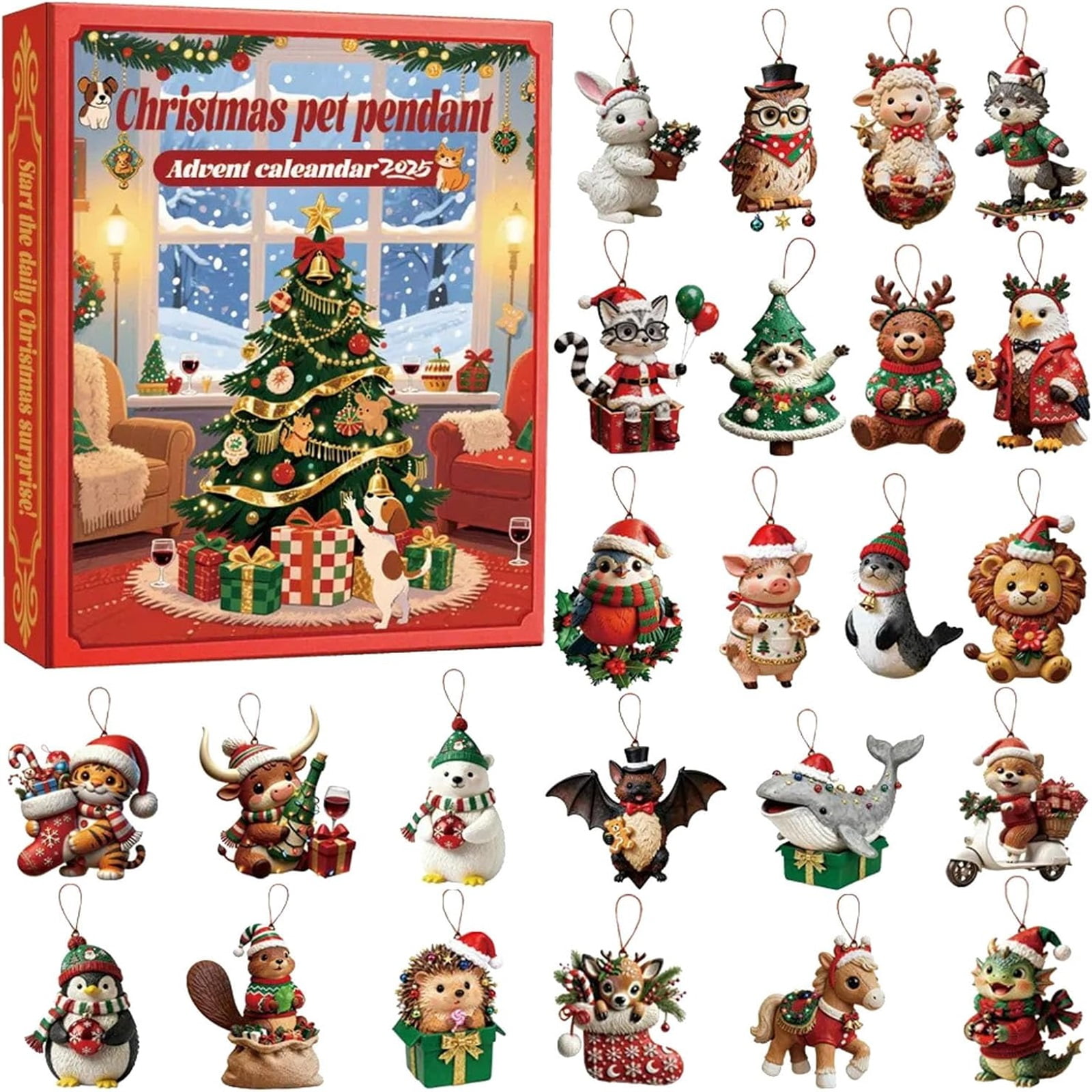 Christmas Pet Advent Calendar 2025, 24PCS Animal Ornament Countdown Box ...