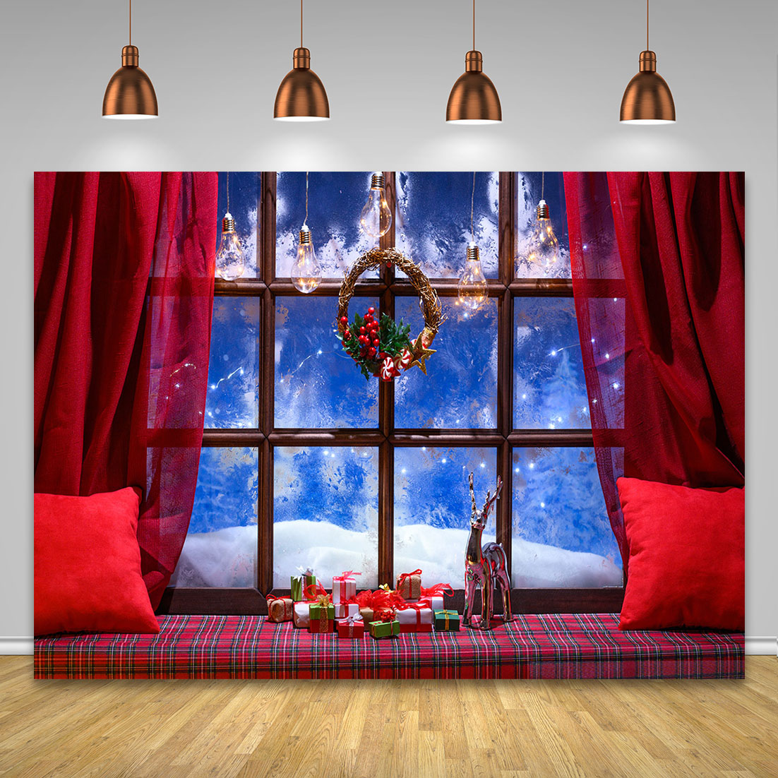 Christmas Photo Backdrop Fireplace Party X-mas Tree Gifts Banner Party ...