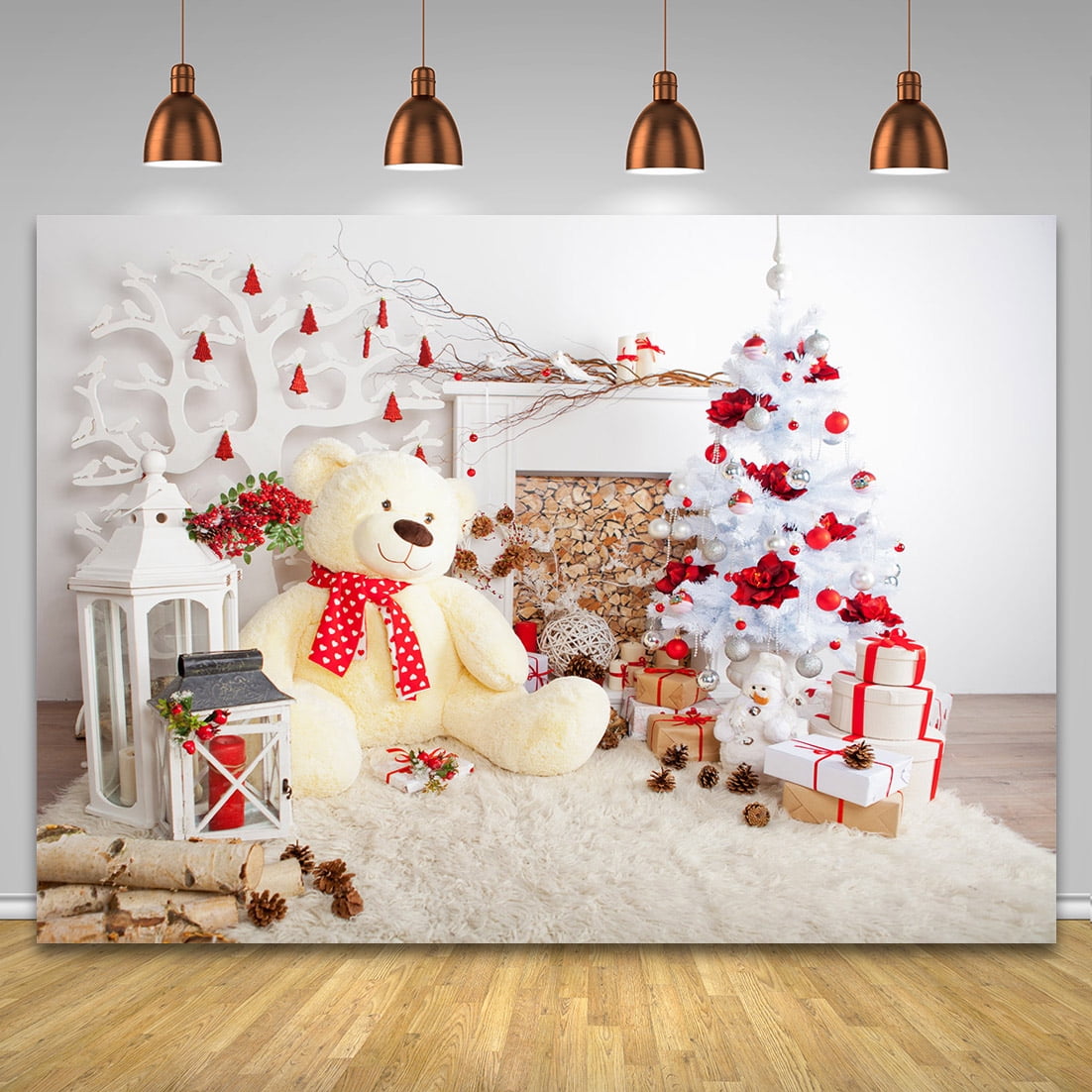 Christmas Photo Backdrop Fireplace Party X-mas Tree Gifts Banner Party ...