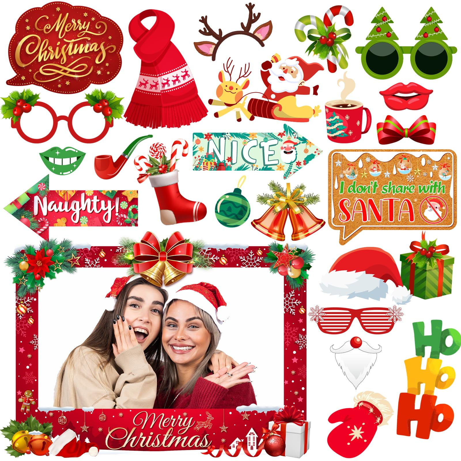 Christmas Photo Booth Props Kit, 24Pcs Fun Photo Props & Selfie Frame ...