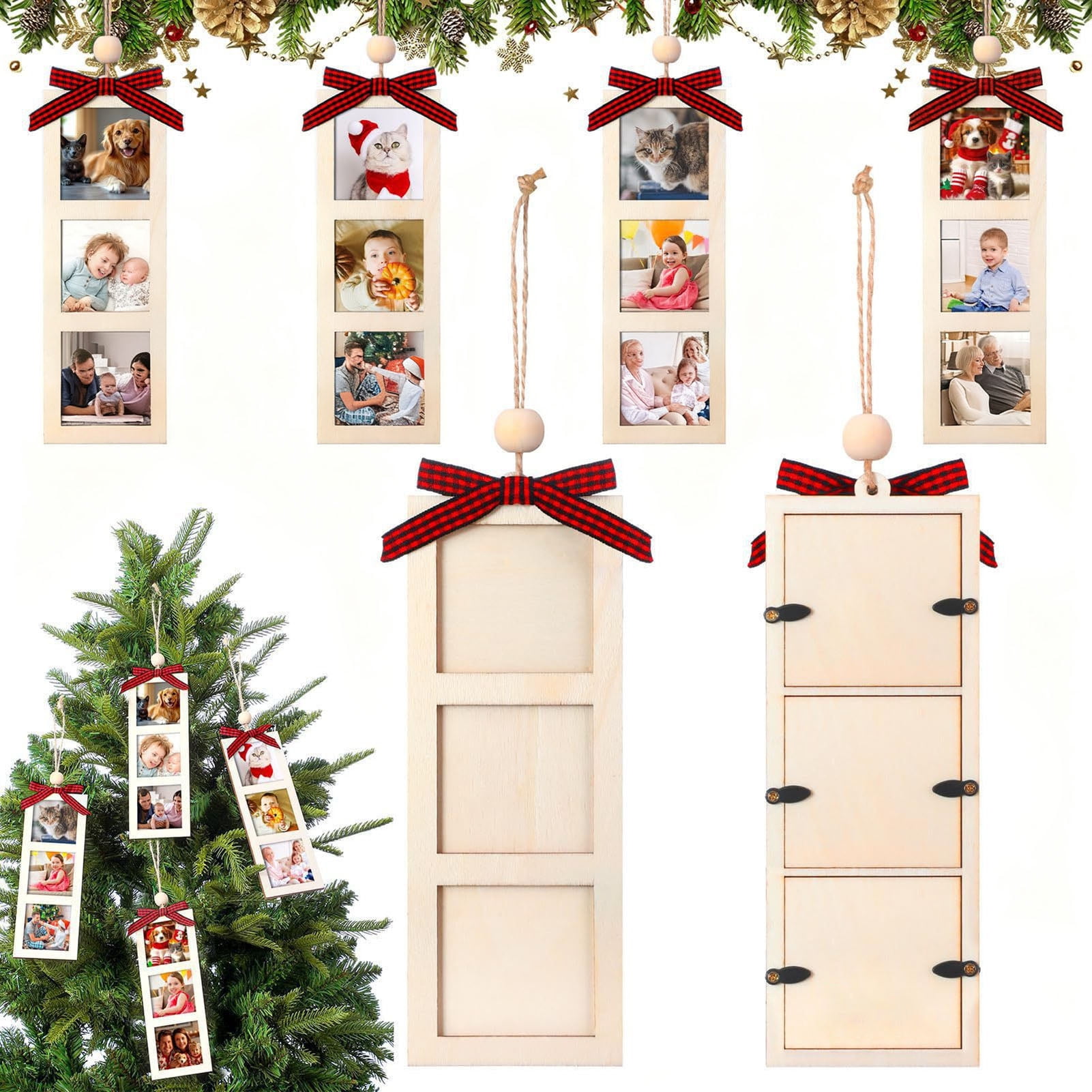 Christmas Photo Frame Ornament Wooden Hanging Decoration with 6 Photo ...