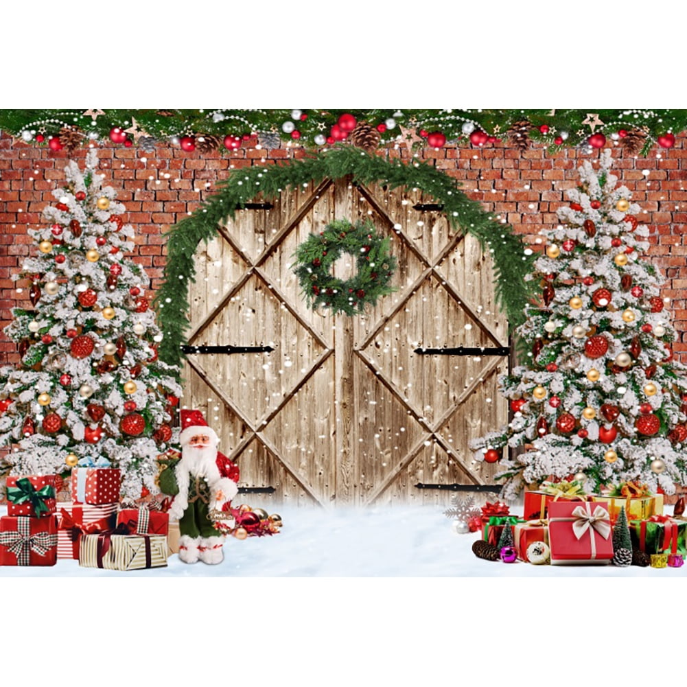Christmas Photography Backdrop Barn Red Wood Door Xmas Tree Snow Toy ...