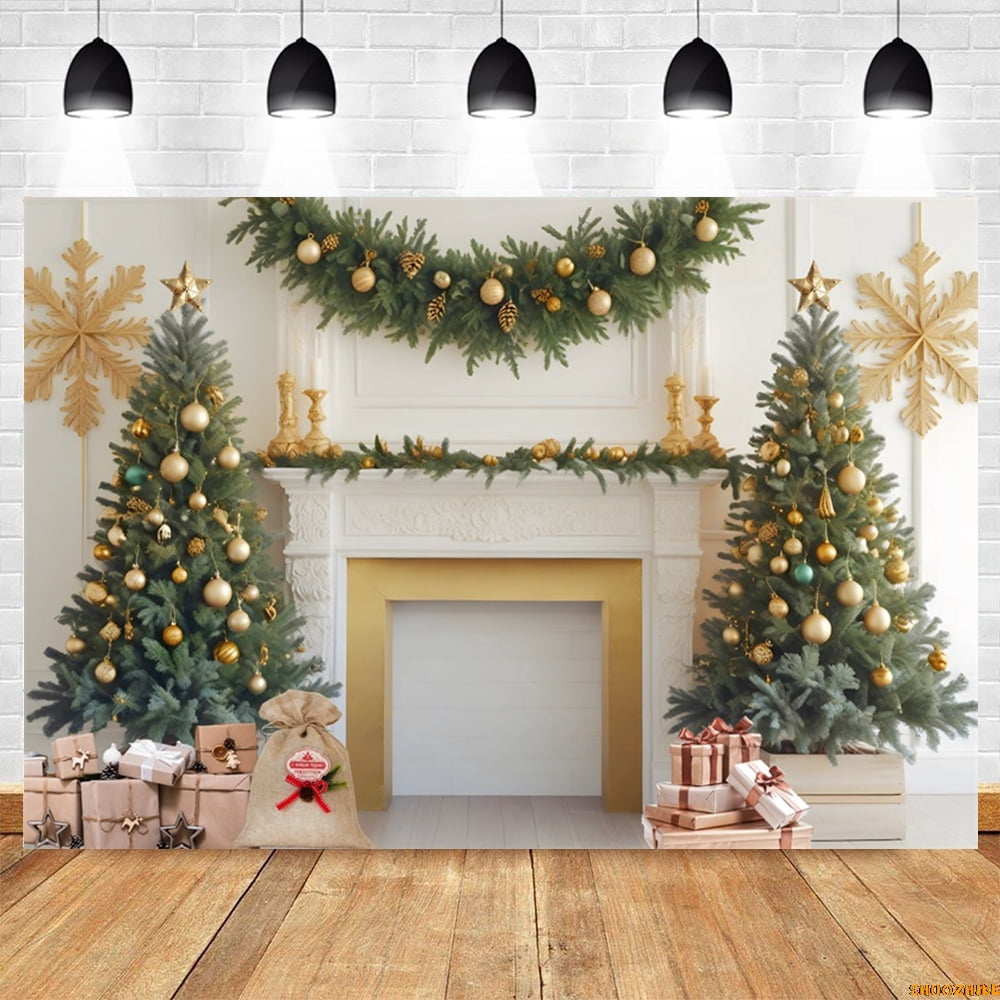 Christmas Photography Backdrop Xmas Tree Gifts Fireplace Window Snow ...