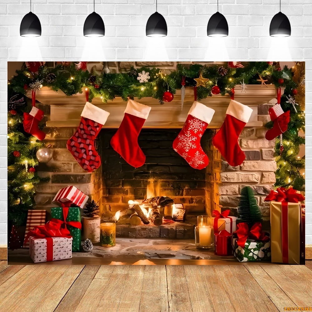 Christmas Photography Backdrop Xmas Tree Gifts Fireplace Window Snow ...