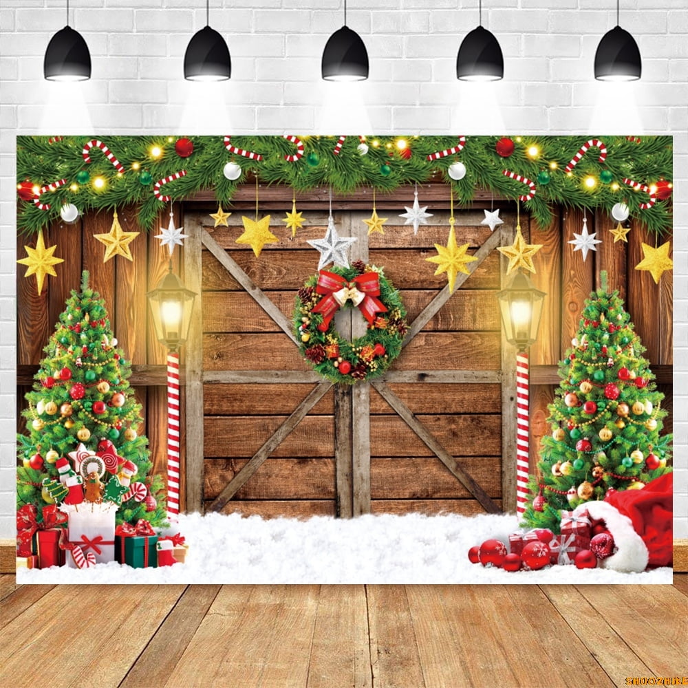 Christmas Photography Backdrop Xmas Tree Gifts Fireplace Window Snow Retro Wood Door Kids Photo ...