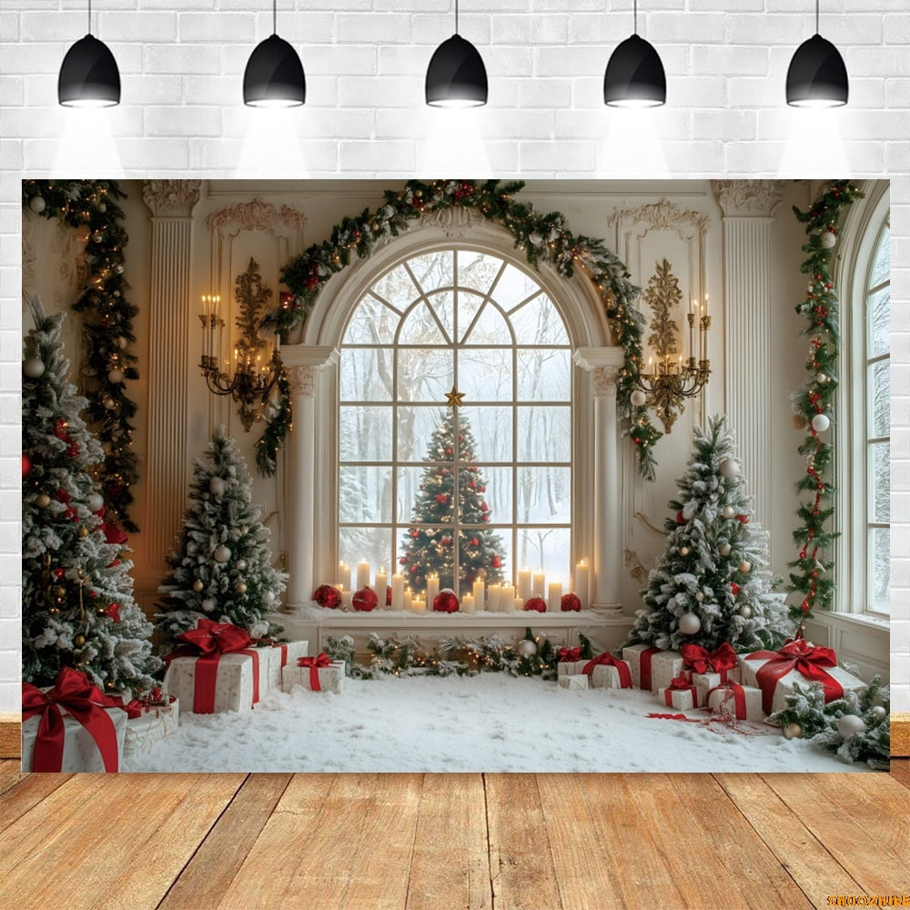 Christmas Photography Background Xmas Tree Room Window Outside Snow Sce ...