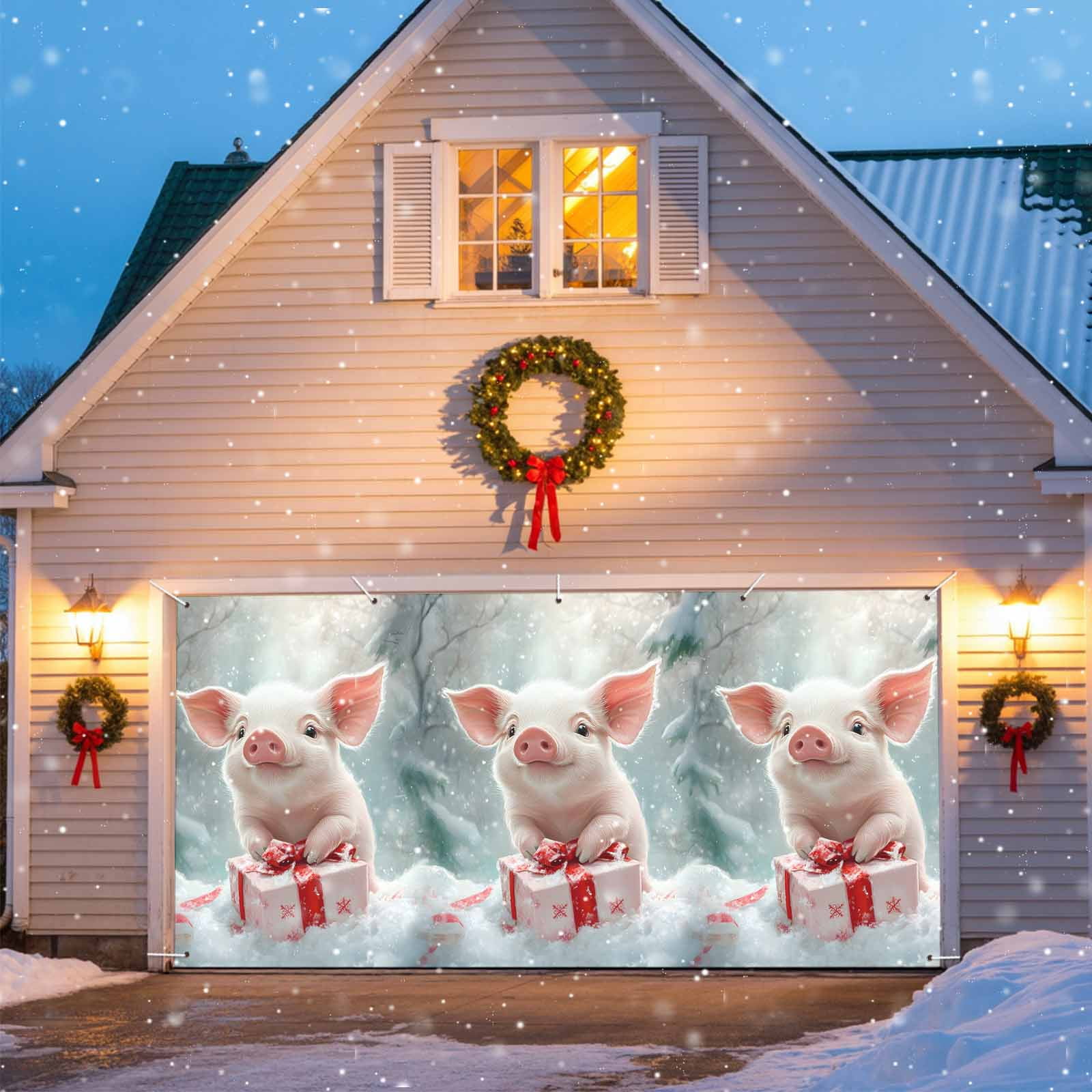 Christmas Pig Garage Door Banner Covers, Pine Trees Snowflakes Gift ...