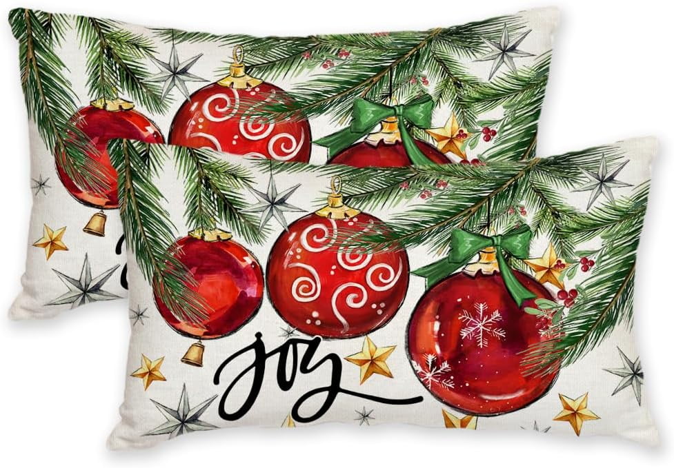 Christmas Pillow Cover 12X20 Set of 2, Baubles Christmas Tree Stars Joy ...