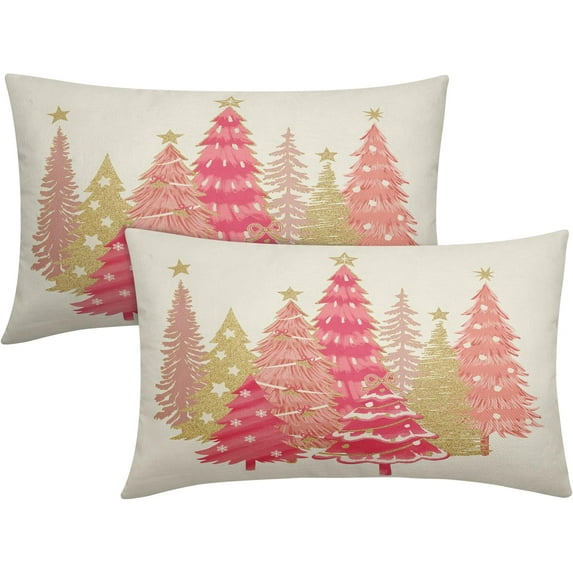 Christmas Pillow Covers 12x20 Inch Set of 2 Pink Gold Xmas Tree Print ...