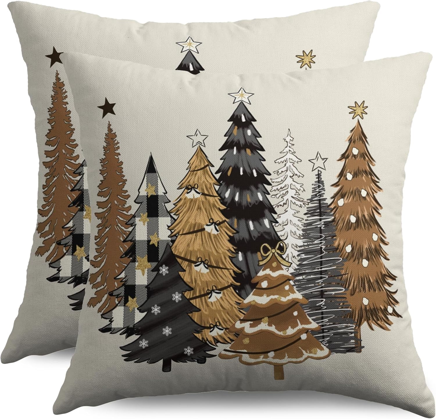Christmas Pillow Covers 16x16 Inch Set of 2 Black Brown Xmas Tree Plaid ...