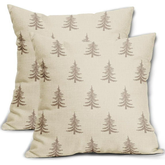 Christmas Pillow Covers 18x18 Inch Set of 2 Tan Xmas Tree Block Print ...