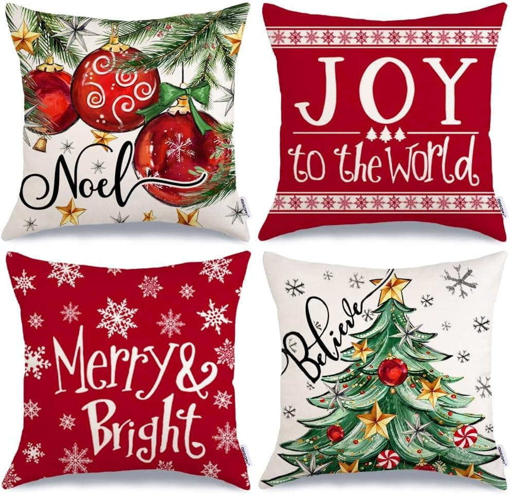 Christmas Pillow Covers 18x18 Inch Set of 4, Xmas Decorations Tree ...