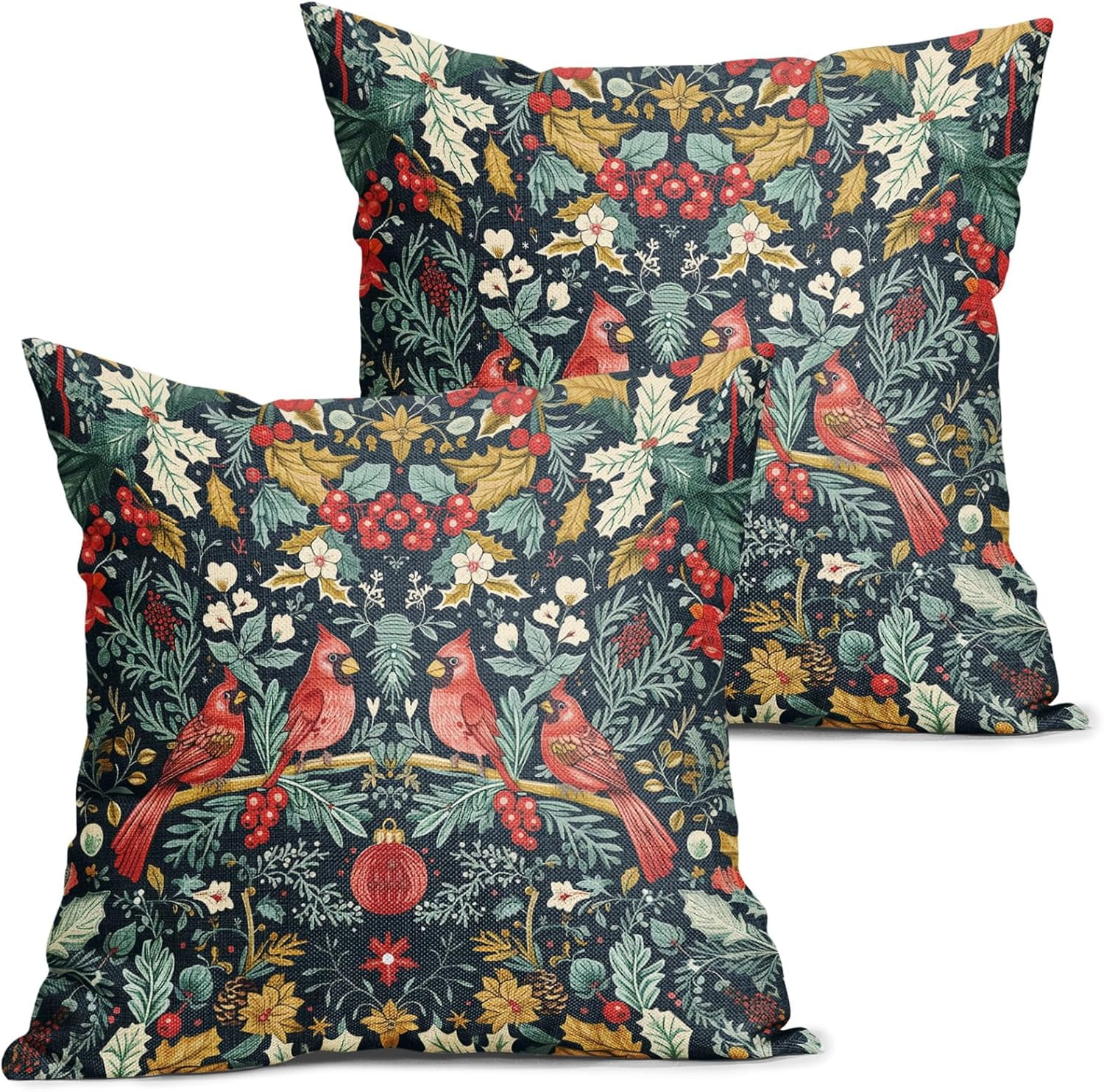 Christmas Pillow Covers 20X20 Inch Cardinal Red Birds Berry Leaves ...