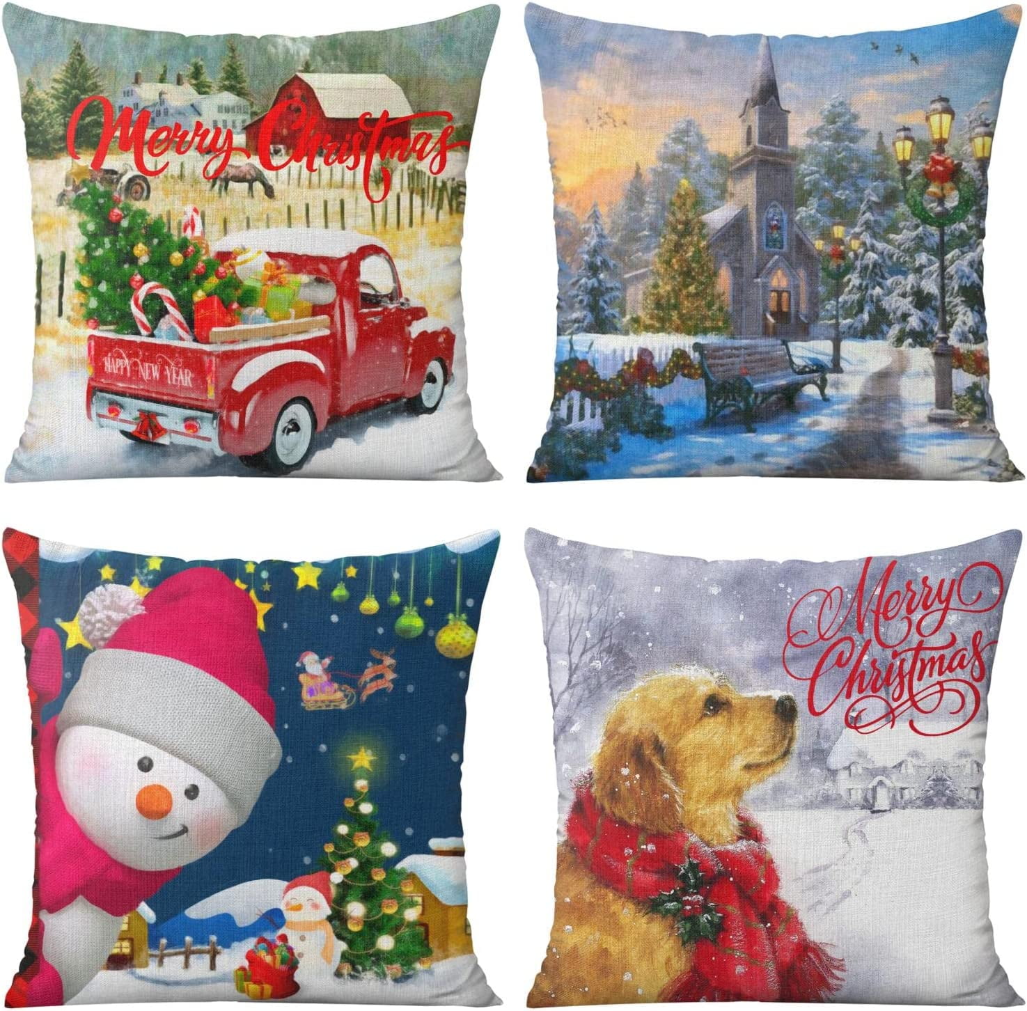 Christmas Pillow Covers 20x20 Set of 4 - Double Sided Printing Linen ...