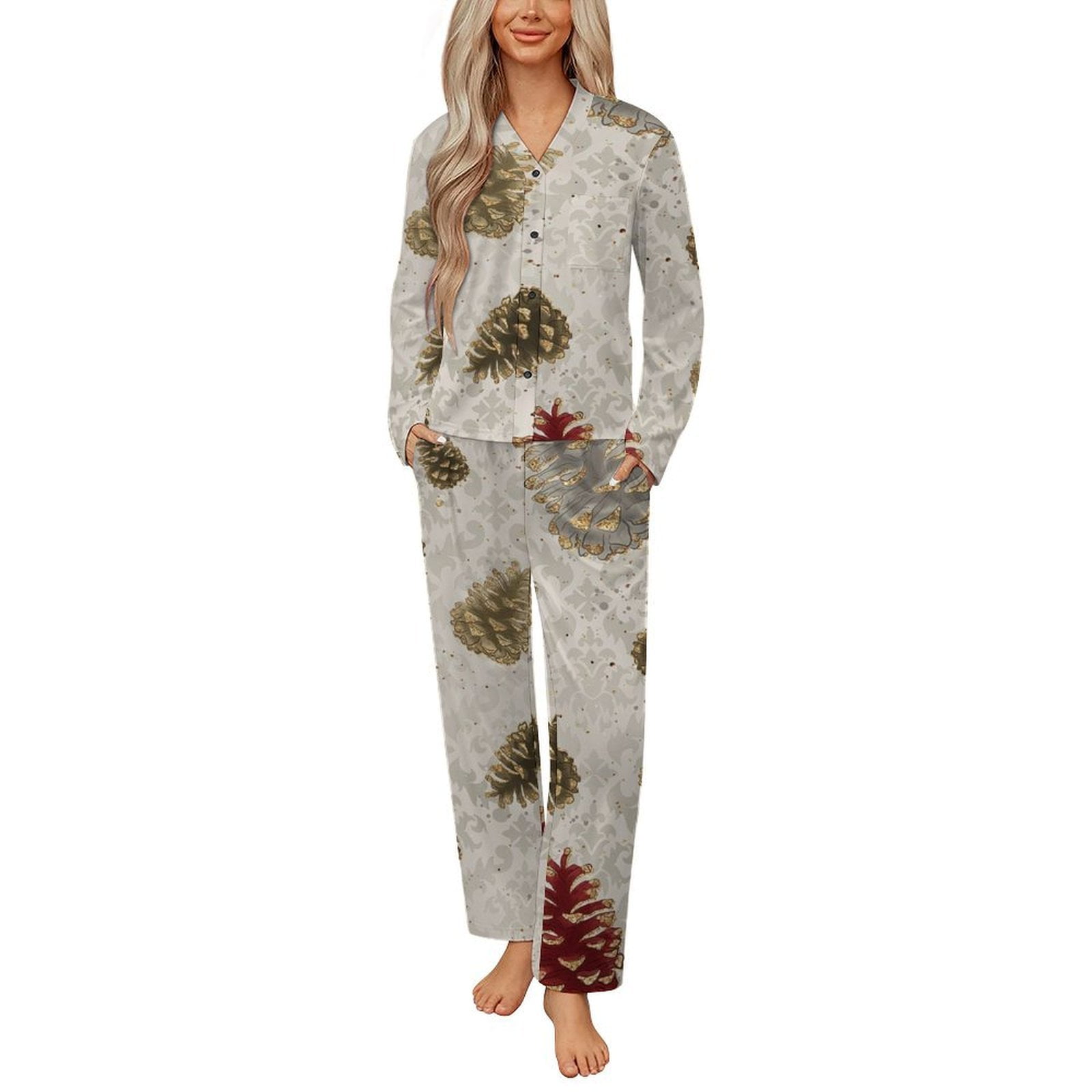 Christmas Pine Cone Womens Pyjamas Set Button Up Pyjamas Womens with ...