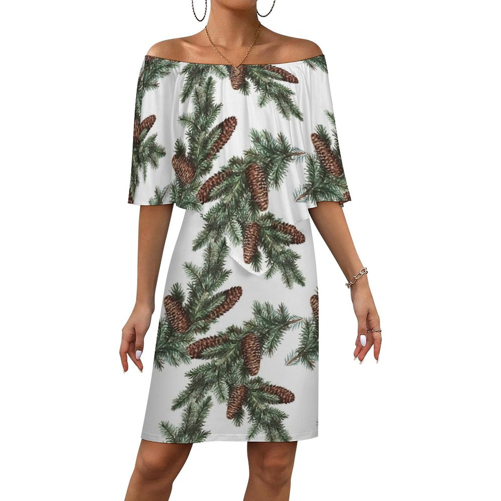 Christmas Pine Cones Green Women's Off The Shoulder Ruffles Summer ...