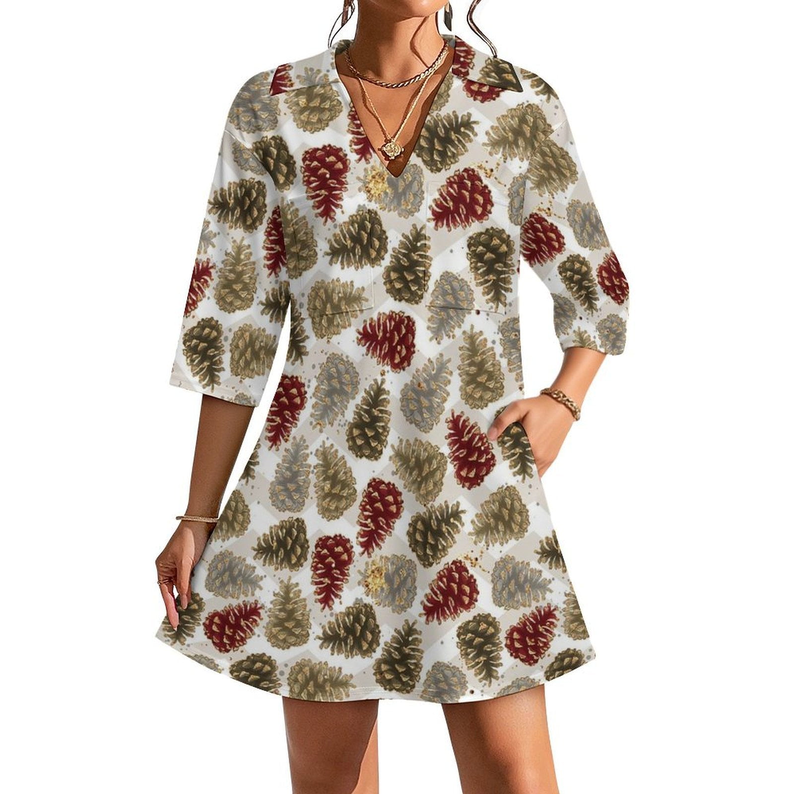 Christmas Pine Cones Womens Dress With Pockets Summer V Neck 3/4 Sleeve ...