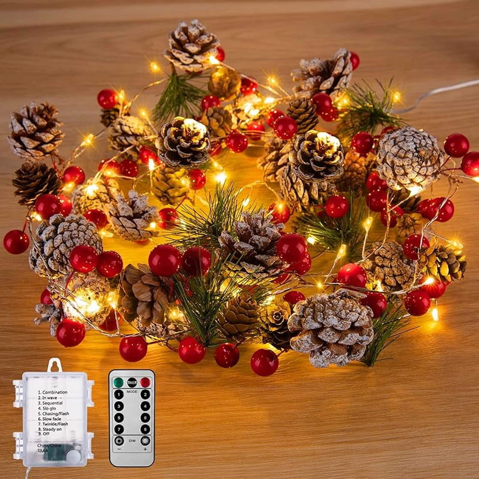 Christmas Pine Lighted Garland Decor, 9.8 Ft 60 LEDs Red Berry Pine ...