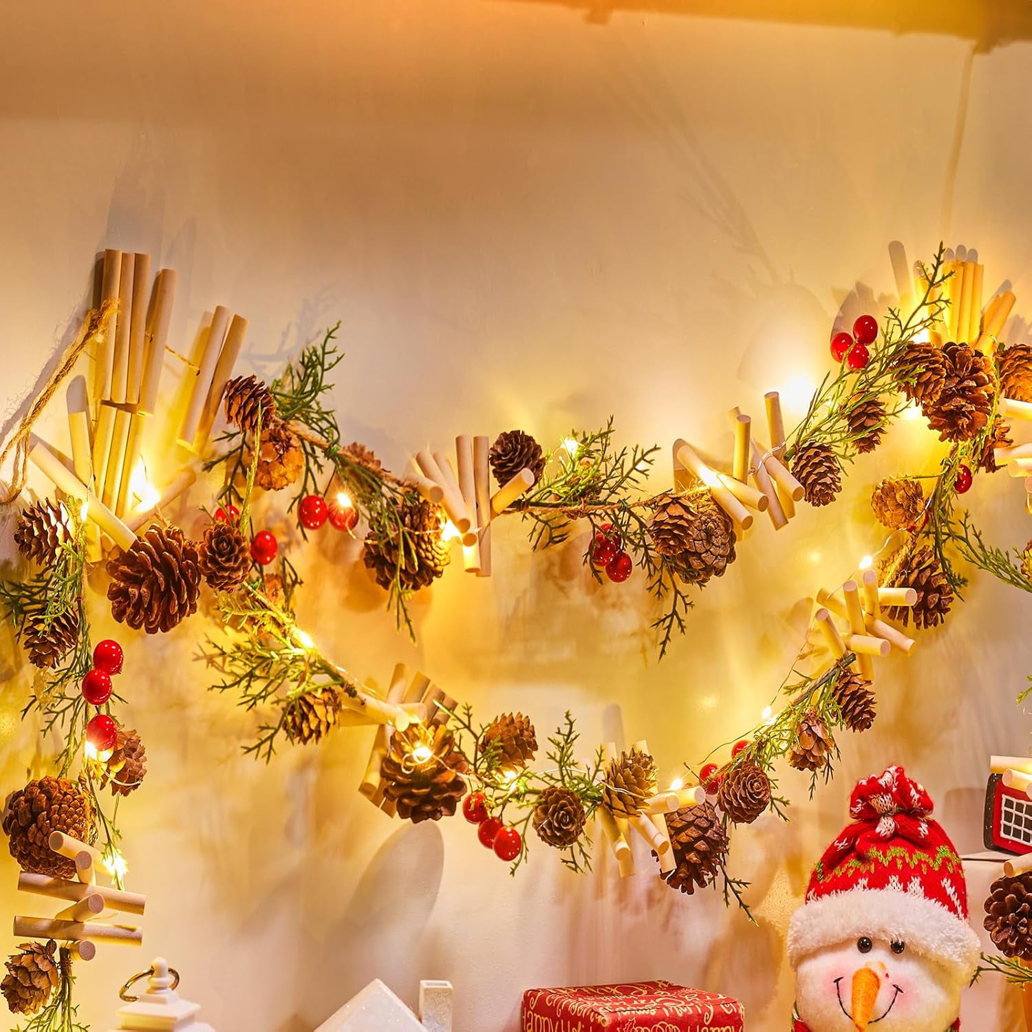 Christmas Pine Lighted Garland Decor, 9.8 Ft 60 LEDs Red Berry Pine ...