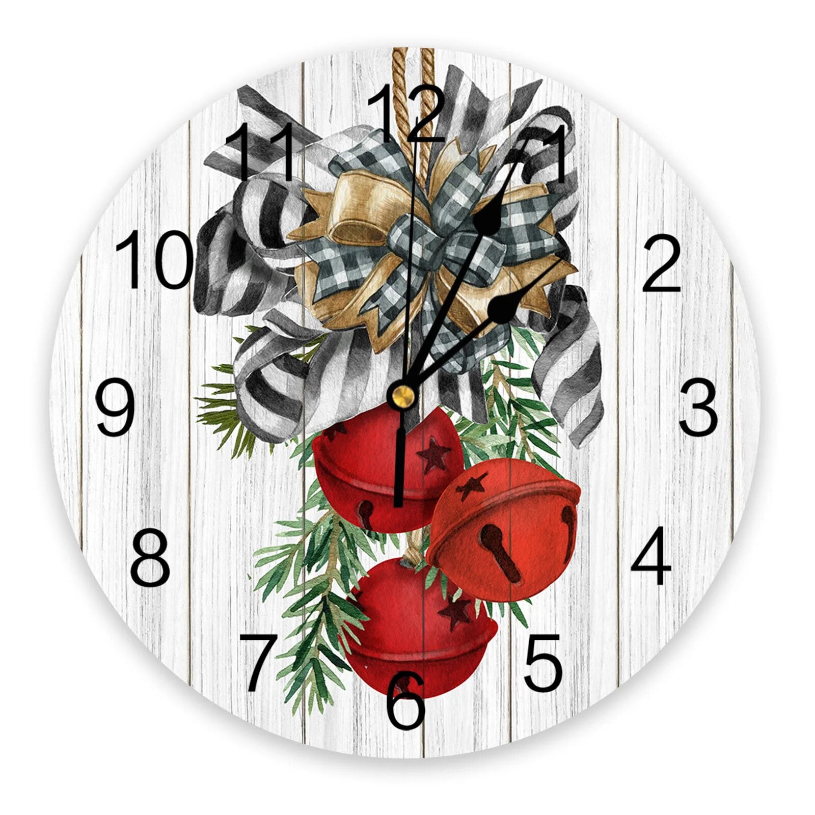 Christmas Pine Needle Bells Wood Grain Round Wall Clock Modern Design ...