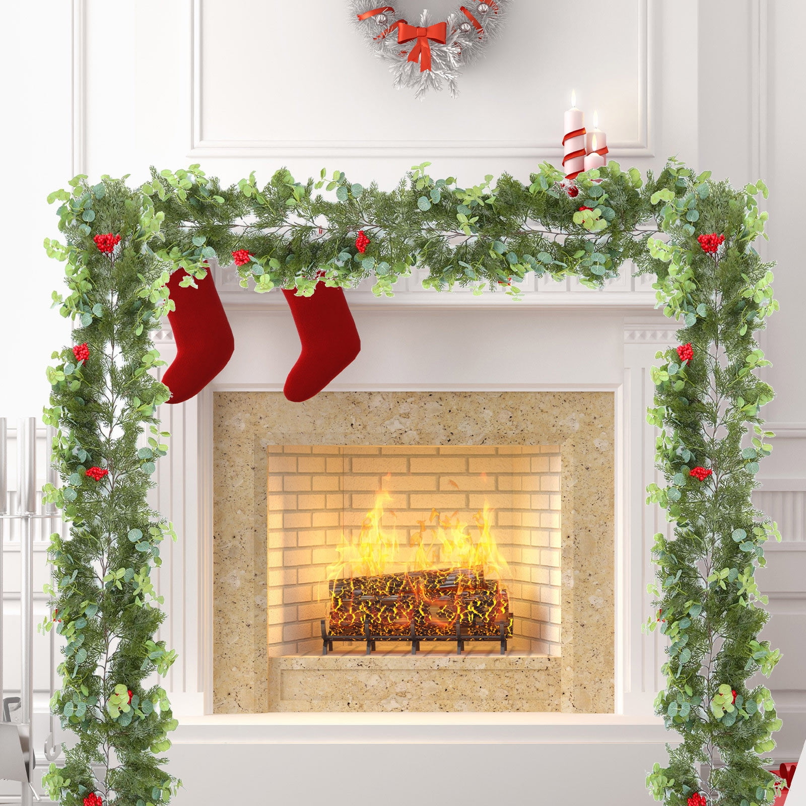 Christmas Pine Needle Decorative Rattan, Holiday Garland with Red Berries, Festive Encryption ...