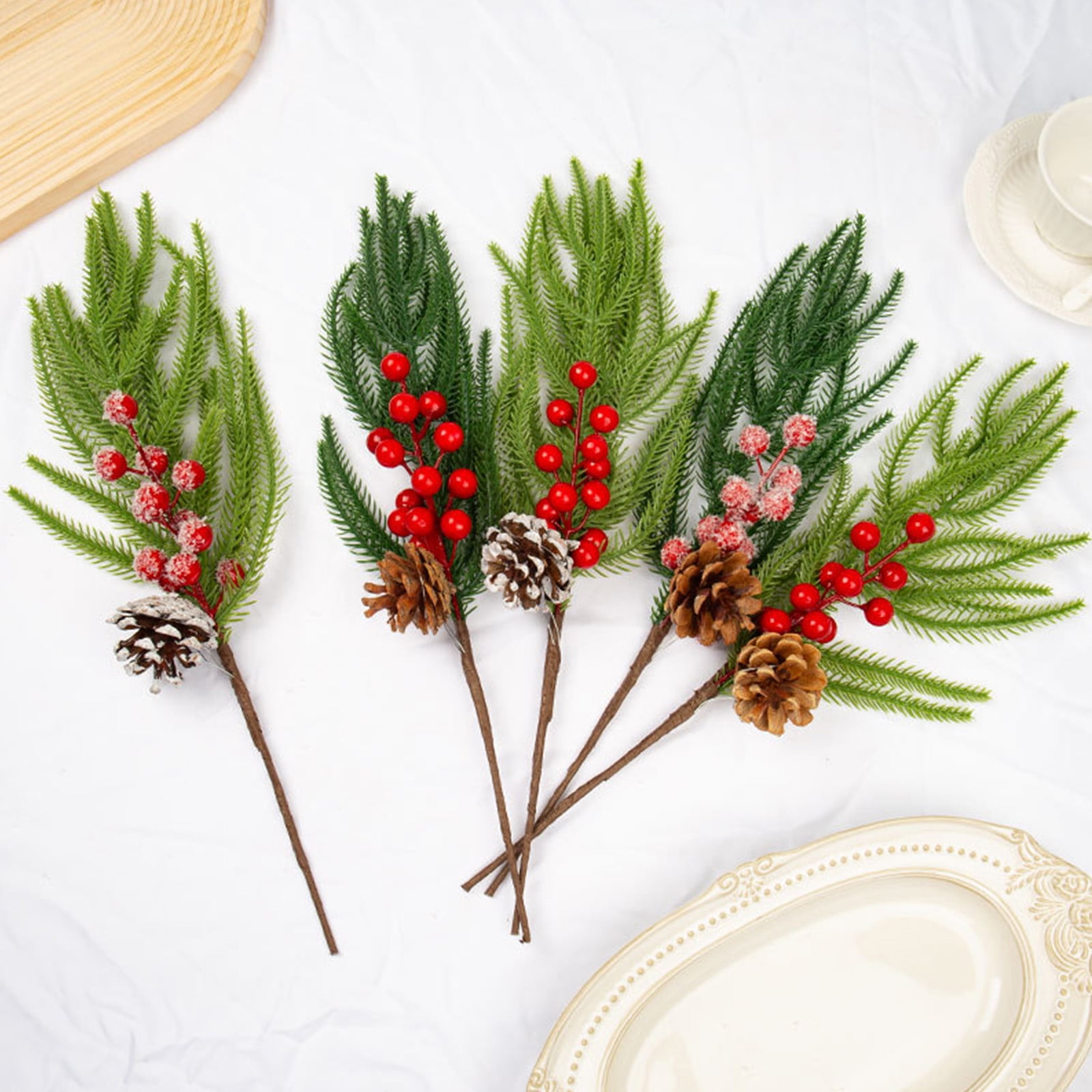 Christmas Pine Needle Greenery Cuttings - Lifelike Red Berry & Pine ...