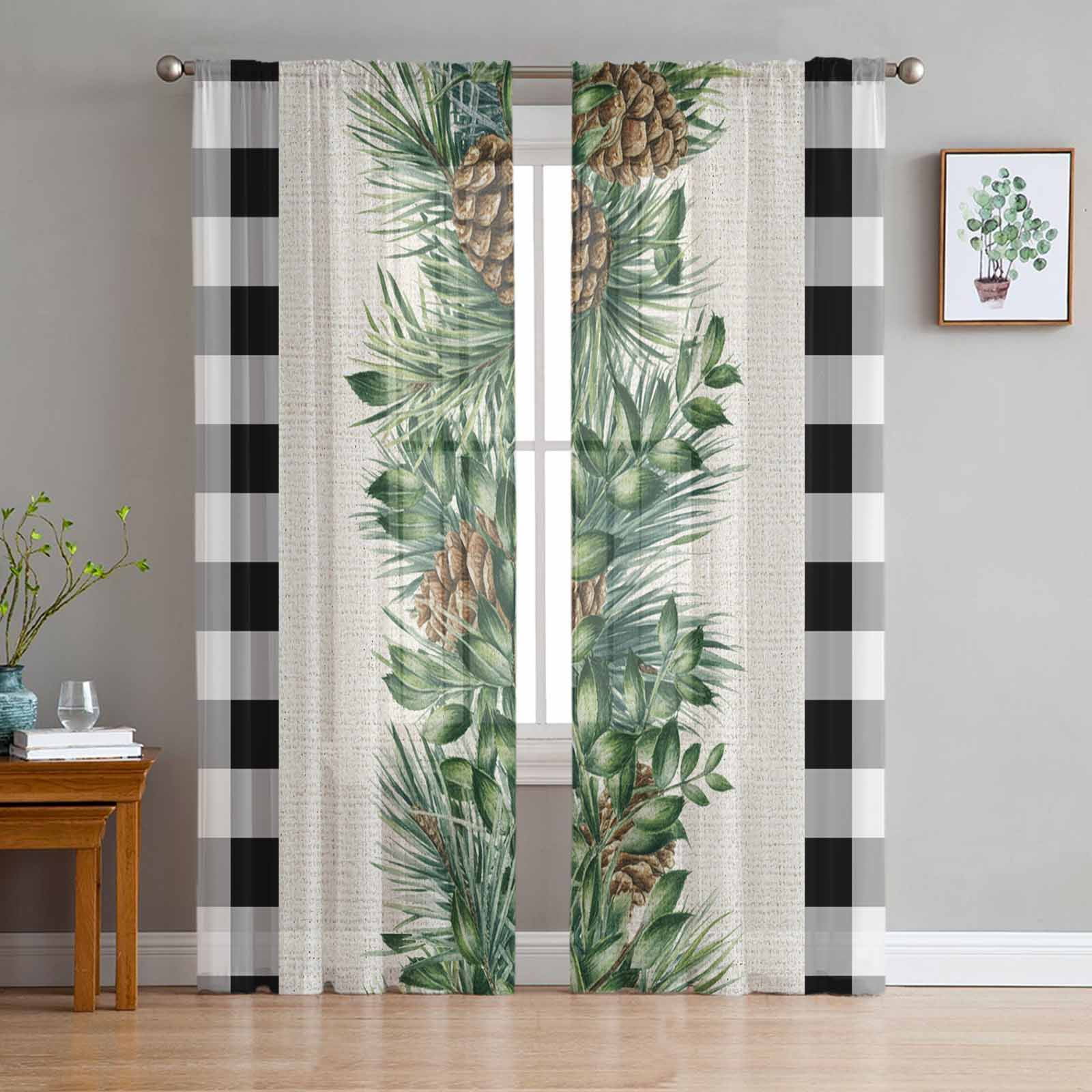 Christmas Pine Needle Sheer Curtains 72 Inches Long, Xmas Pine Cones ...