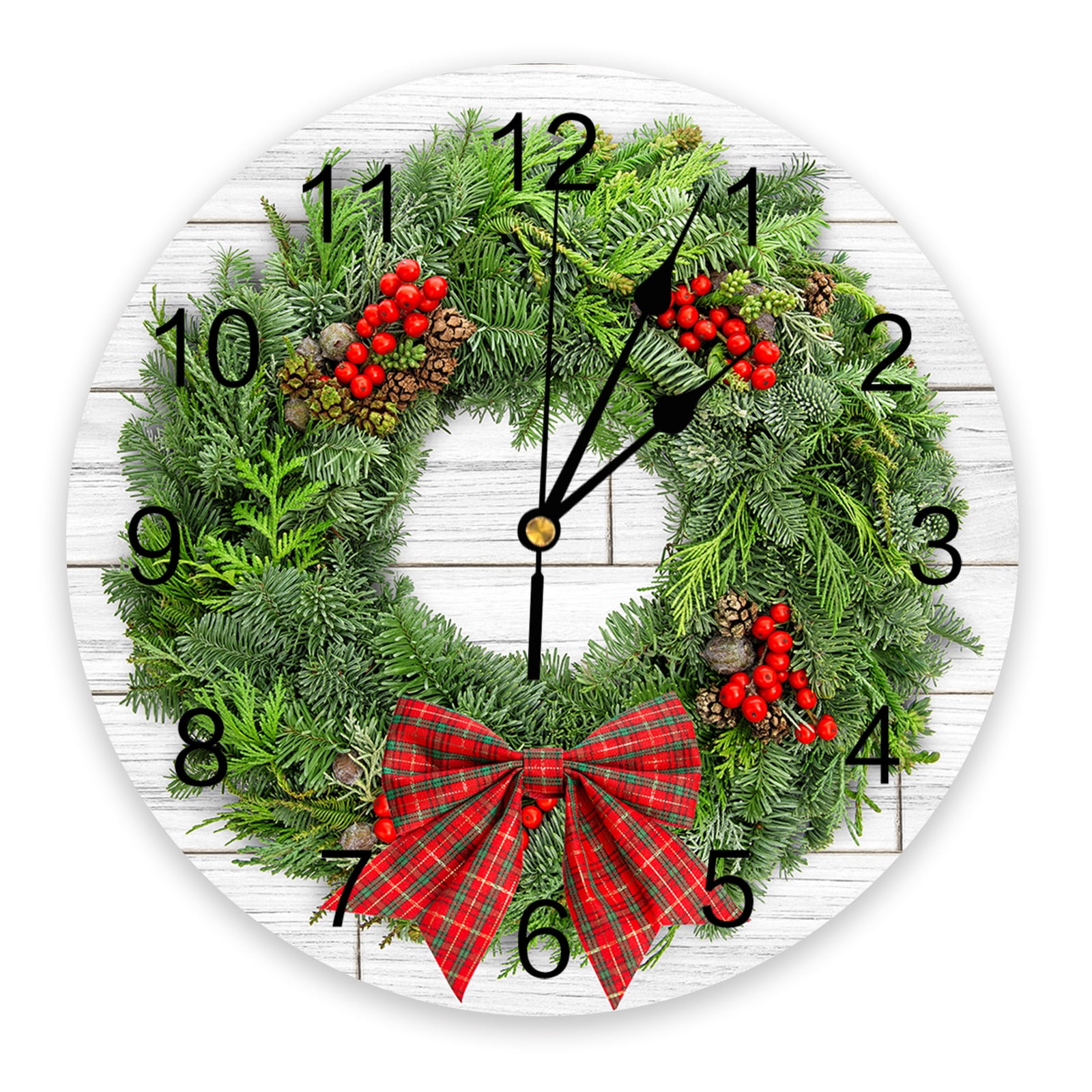 Christmas Pine Needle Wreath Wood Grain Round Wall Clock Modern Design ...