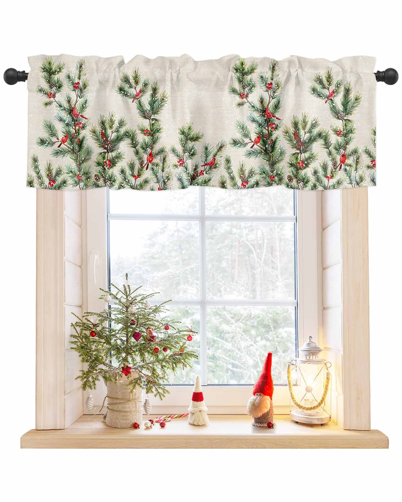 Christmas Pine Needles Red Bird Window Valances for Kitchen,Rod Pocket ...