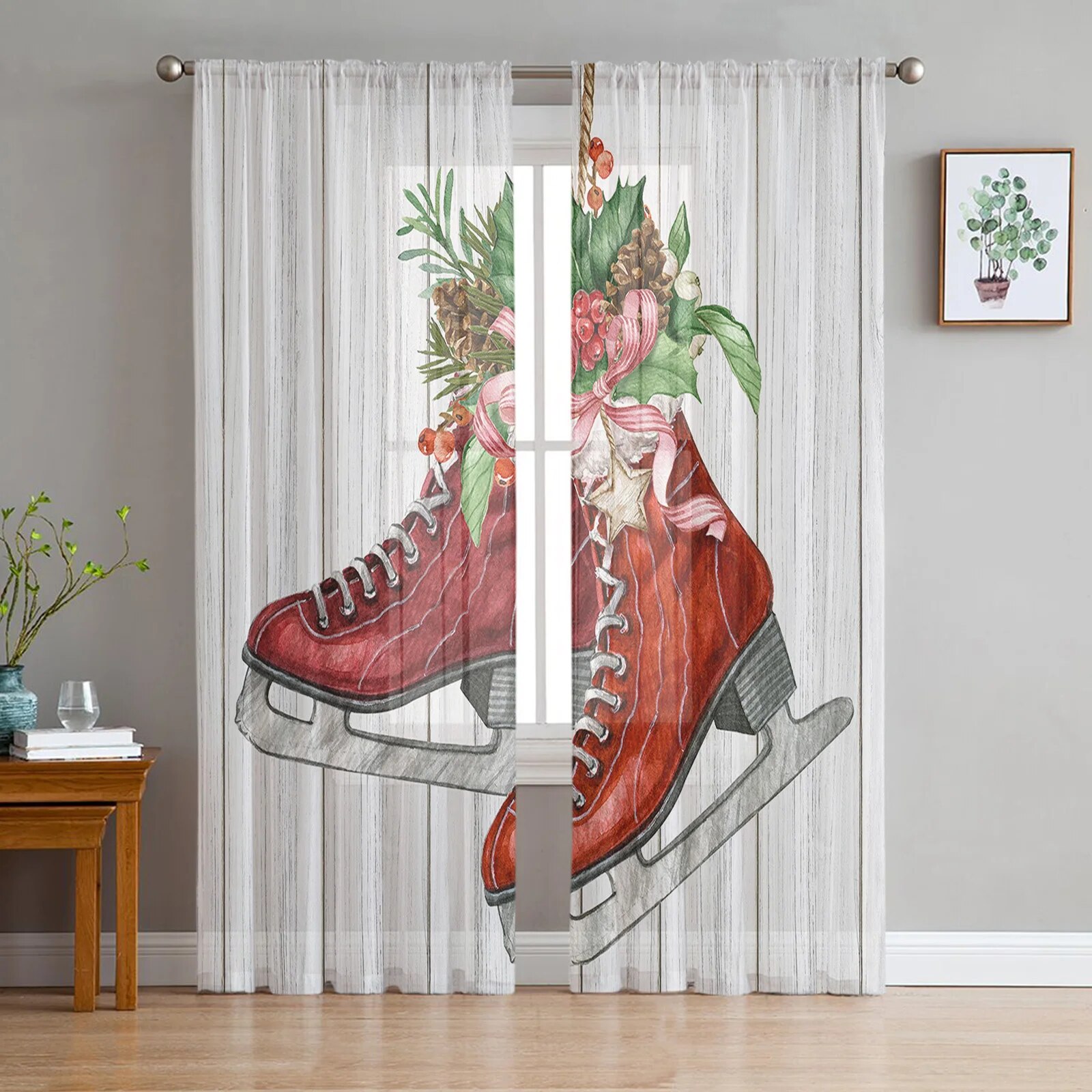 Christmas Pine Needles Skates Wood Grain Sheer Curtains Christmas Home ...