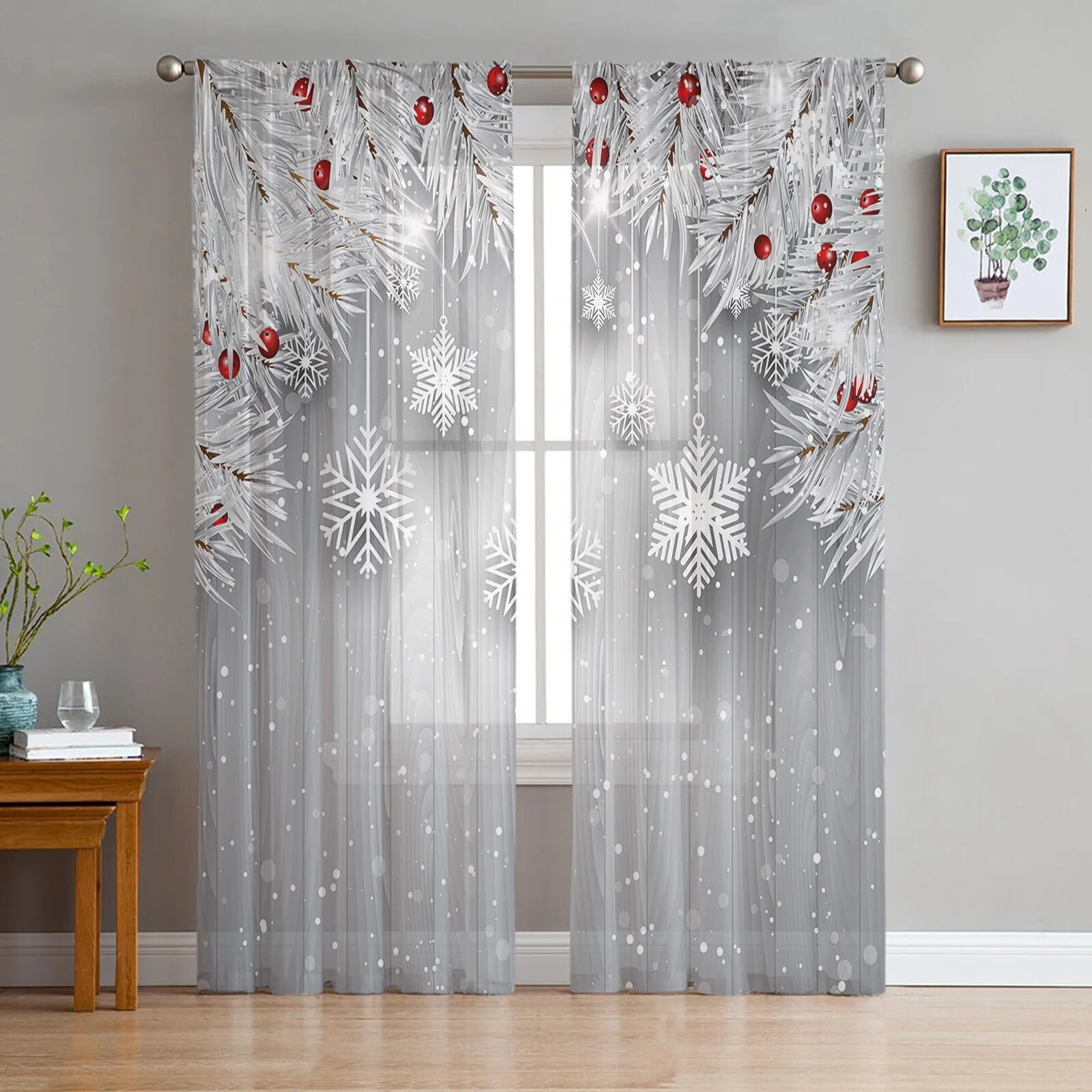 Christmas Pine Needles Snowflakes Wood Grain Tulle Curtain for Living ...