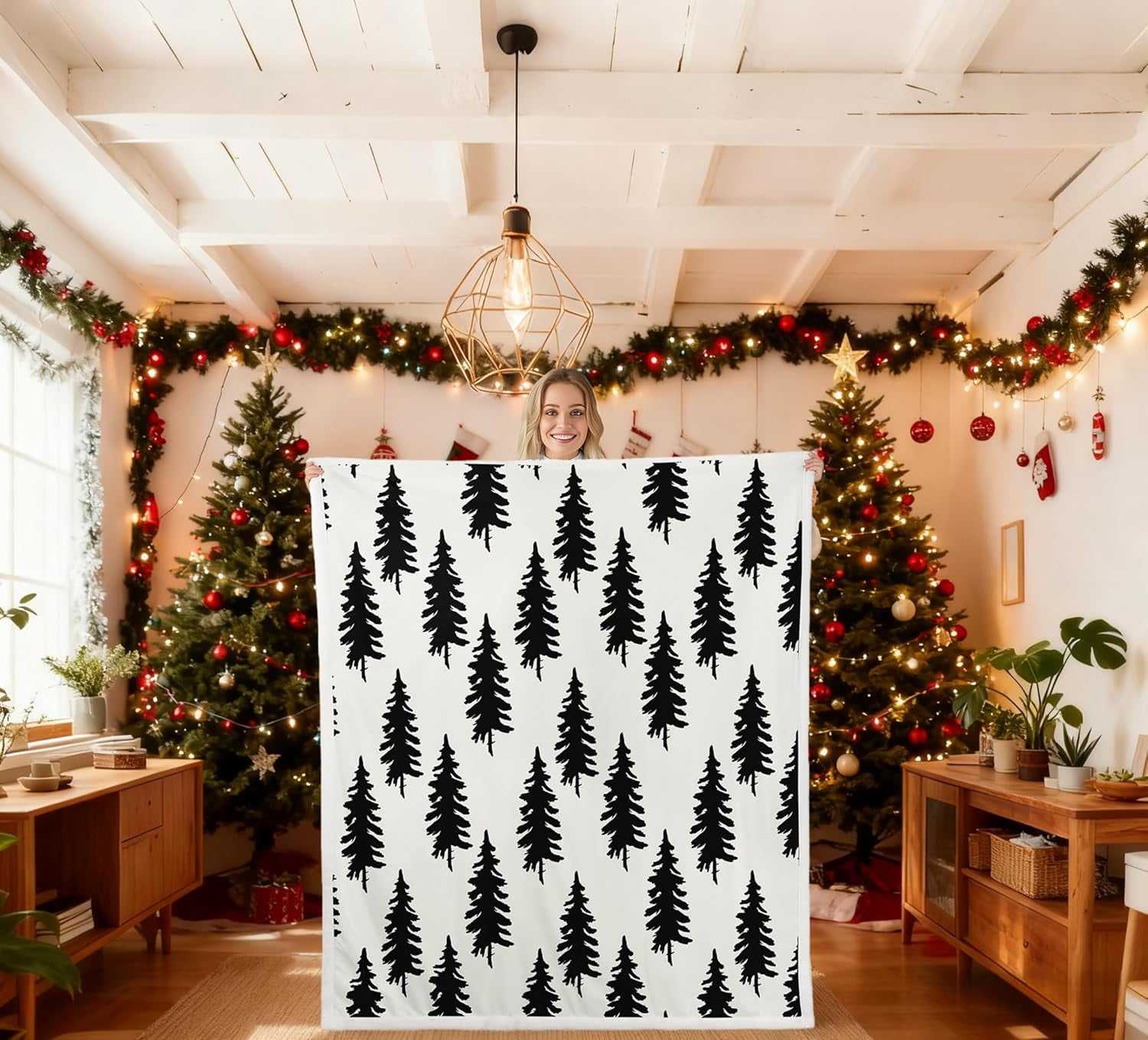 Christmas Pine Print Blanket White Black Trees Hand Draw Background Bed ...