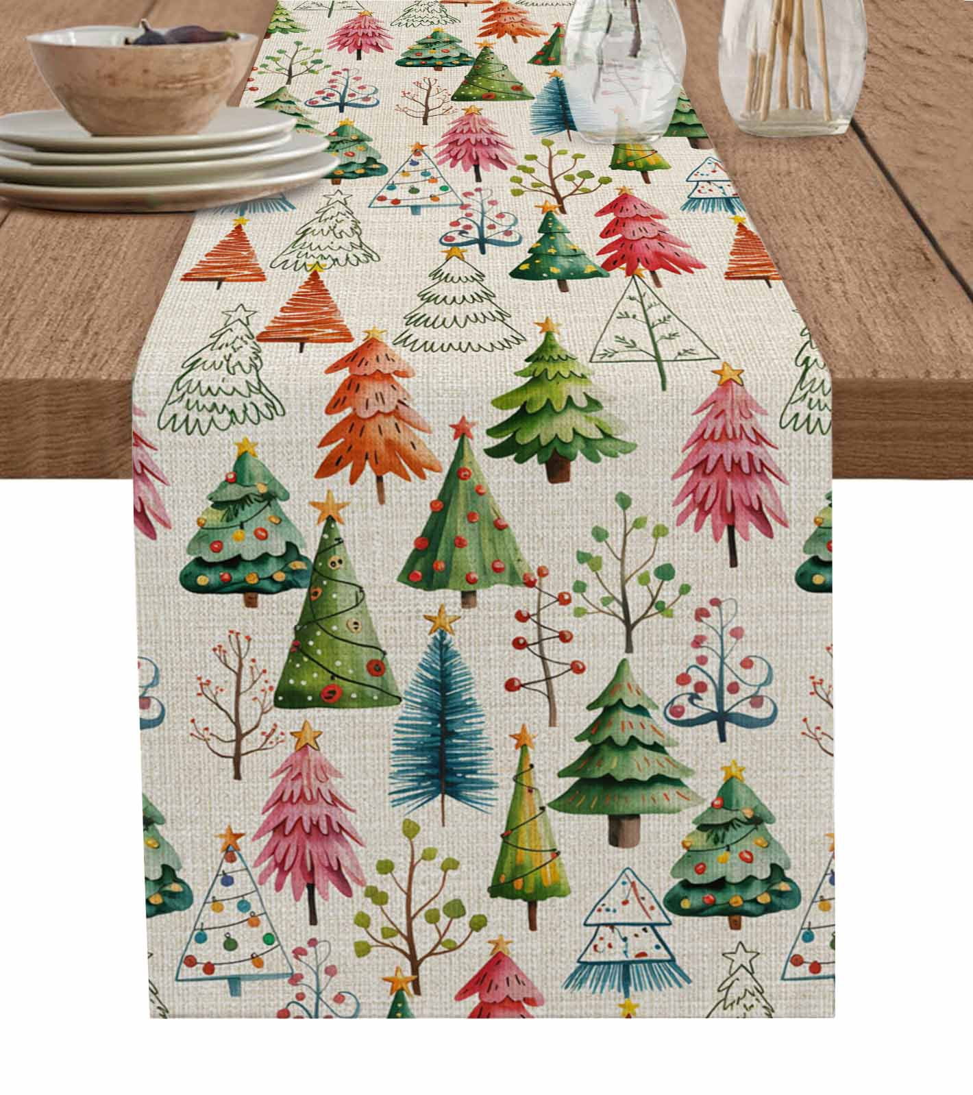 Christmas Pine Table Runner 72 Inches, Winter Colorful Xmas Trees Plant ...