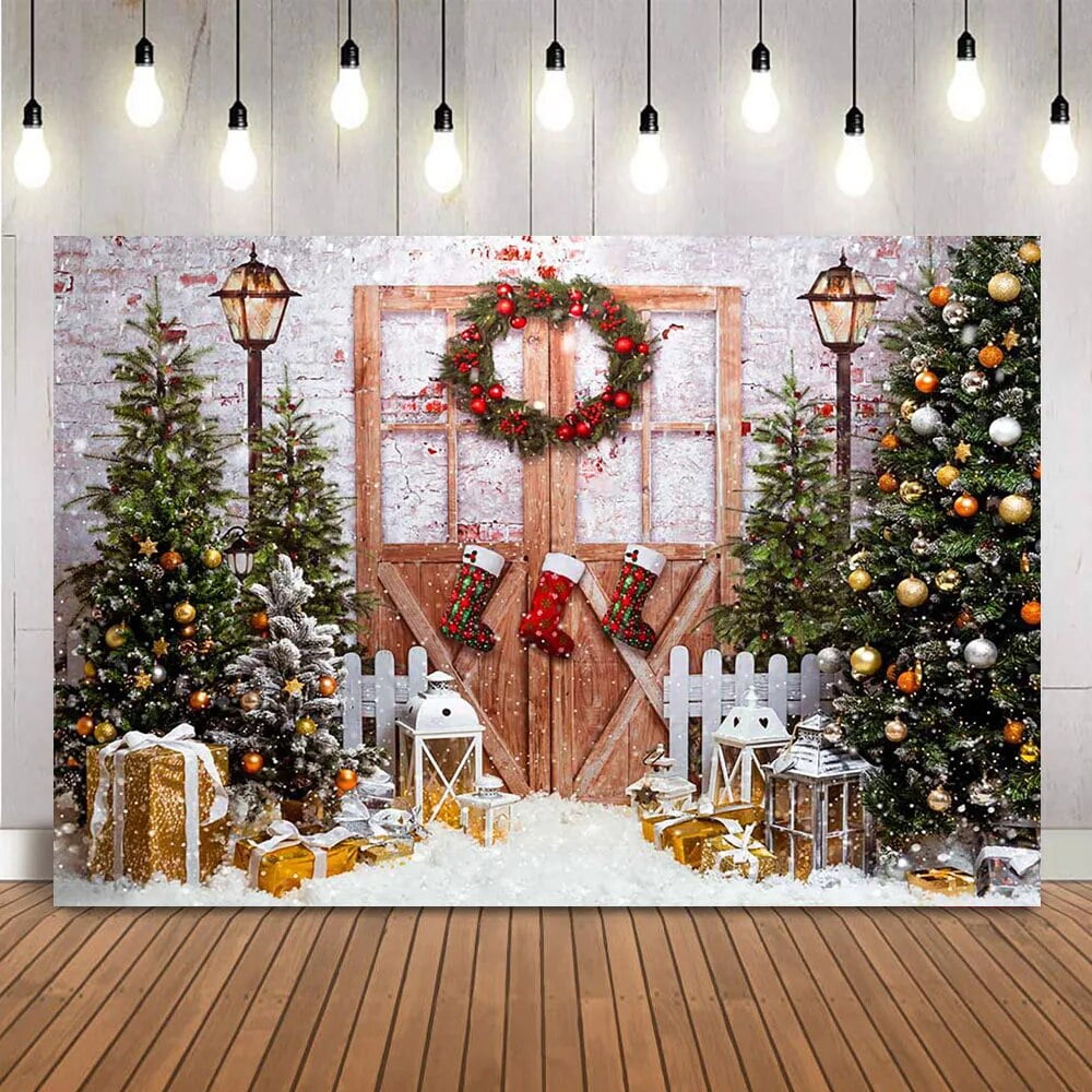 Christmas Pine Tree Backdrop for Photography Wood Door Brick Wall ...