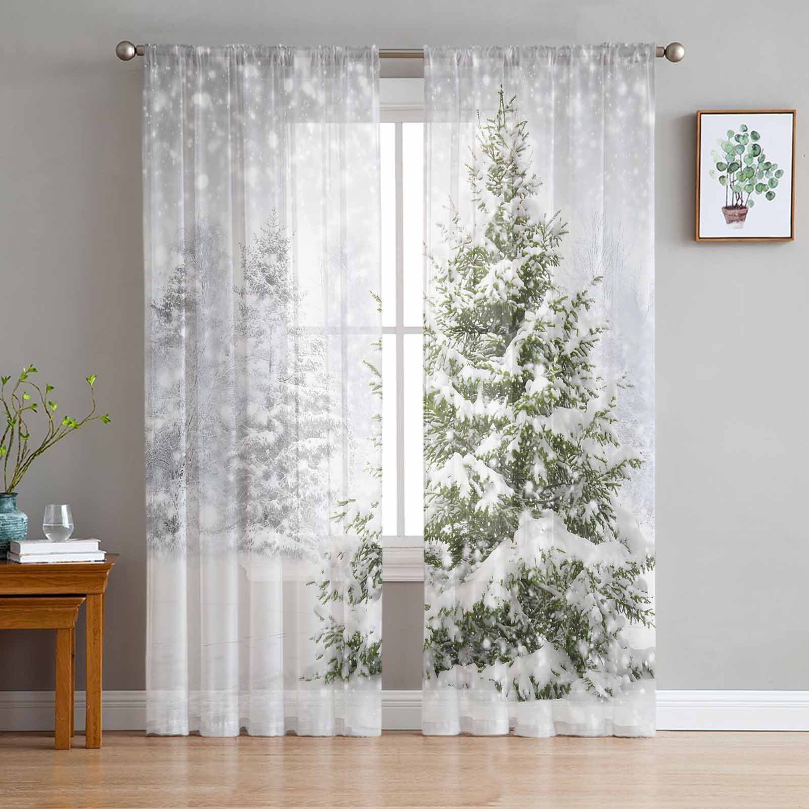 Christmas Pine Tree Sheer Curtains 96 Inches Long, Winter Snowflakes ...