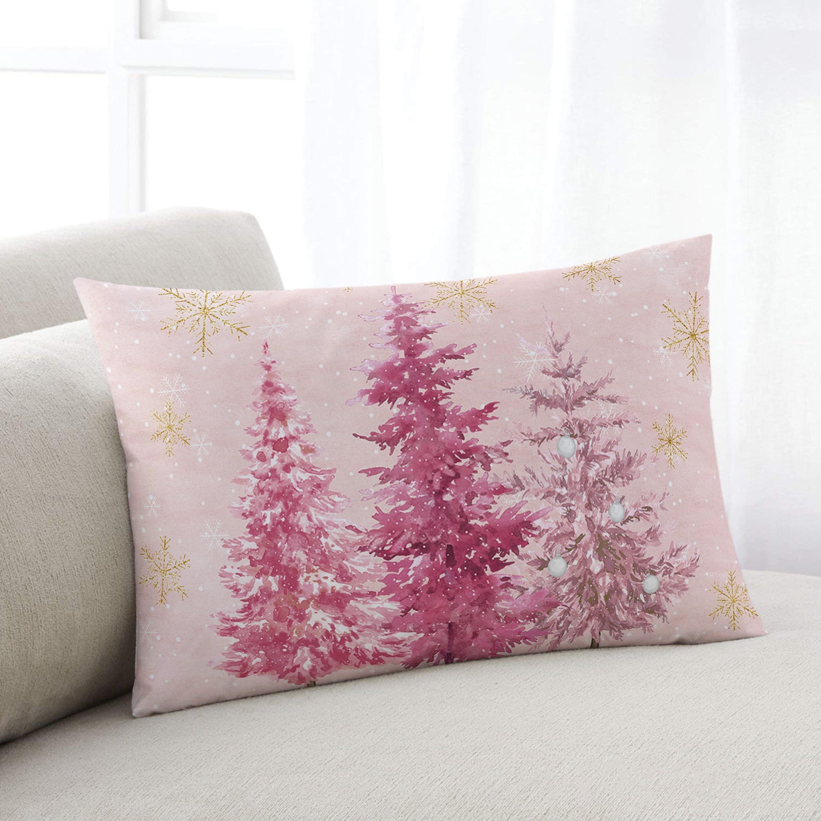 Christmas Pine Tree Throw Pillow Cover,Seasonal Winter Snowflake Pink ...