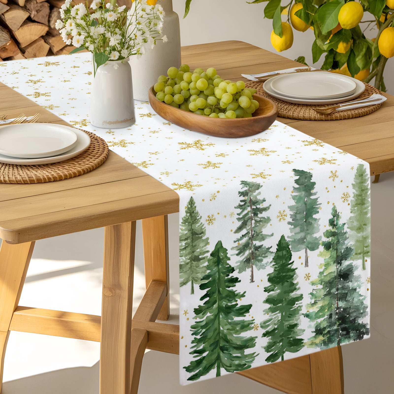 Christmas Pine Tree Watercolor Green Table Runner 13x48in Non-Slip ...