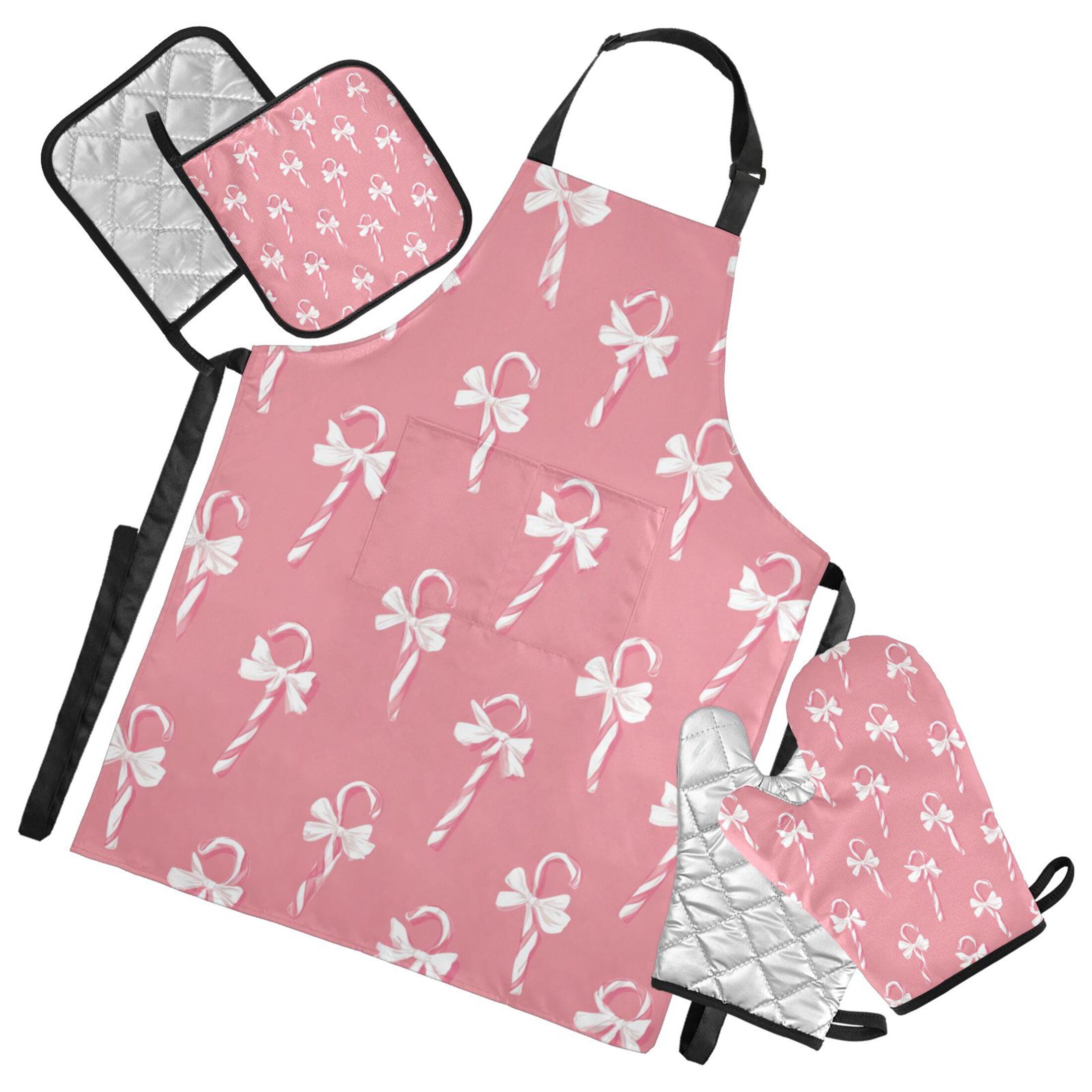 Christmas Pink Candy Cane with Bows Apron Set with Oven Mitts Pot ...
