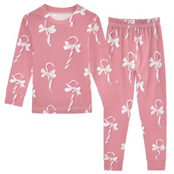 Christmas Pink Candy Cane with Bows Cotton Pajama Set Long Sleeve Top ...