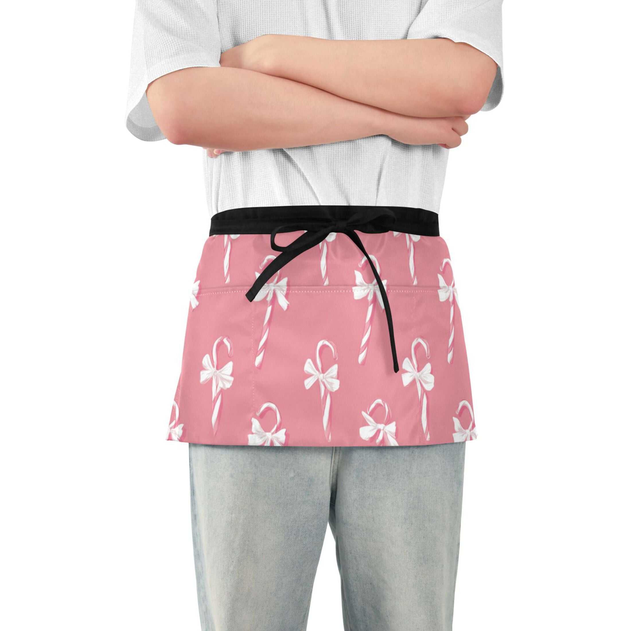 Christmas Pink Candy Cane with Bows Short Server Apron with 3 Pockets ...