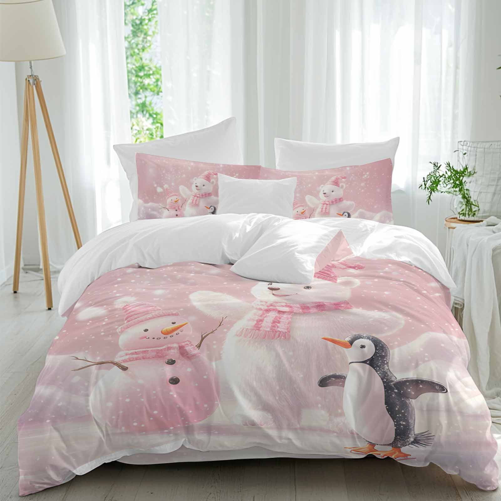 Christmas Pink Comforter Set Queen Size, Snowman White Bear Penguin ...