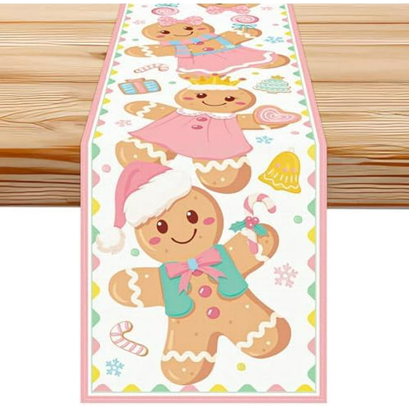Christmas Pink Gingerbread Table Runner Gingerbread Tablecloth 13 x 72 ...