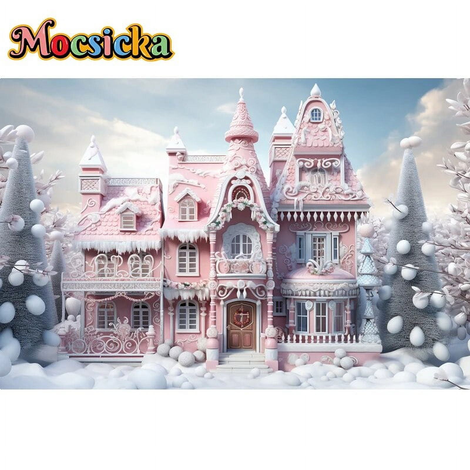 Christmas Pink House Front Photography Backdrops Kids Adult Photocall ...