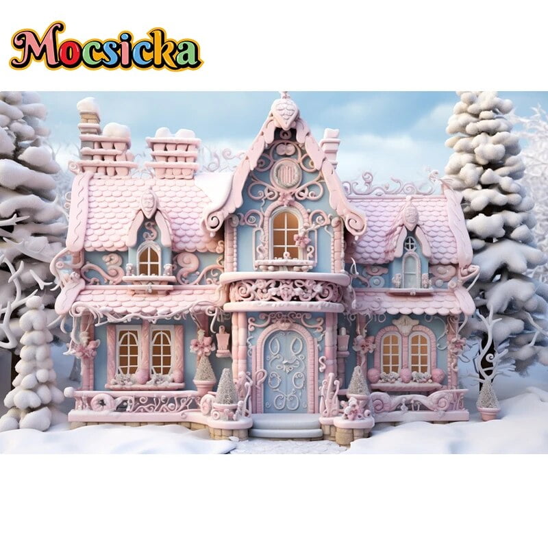 Christmas Pink House Front Photography Backdrops Kids Adult Photocall ...