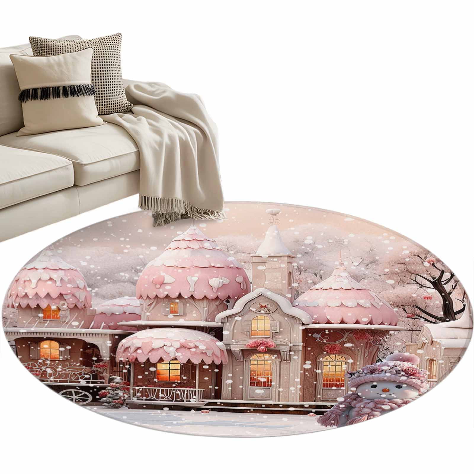 Christmas Pink Round Area Rug 3.3ft Cabin Rose Hat Snowman Non-Slip ...