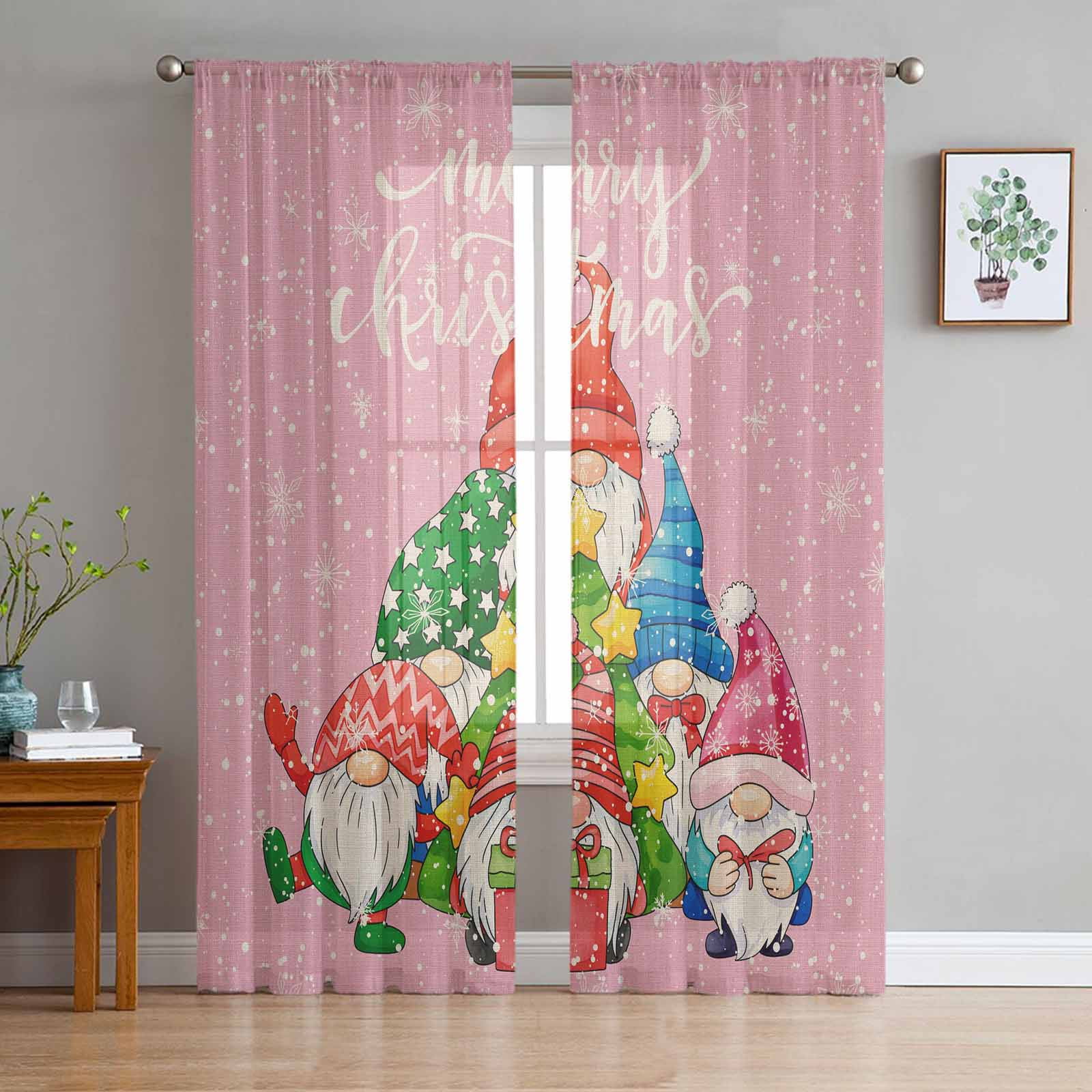 Christmas Pink Sheer Curtains 108 Inches Long, Winter Gnomes Snowflakes ...