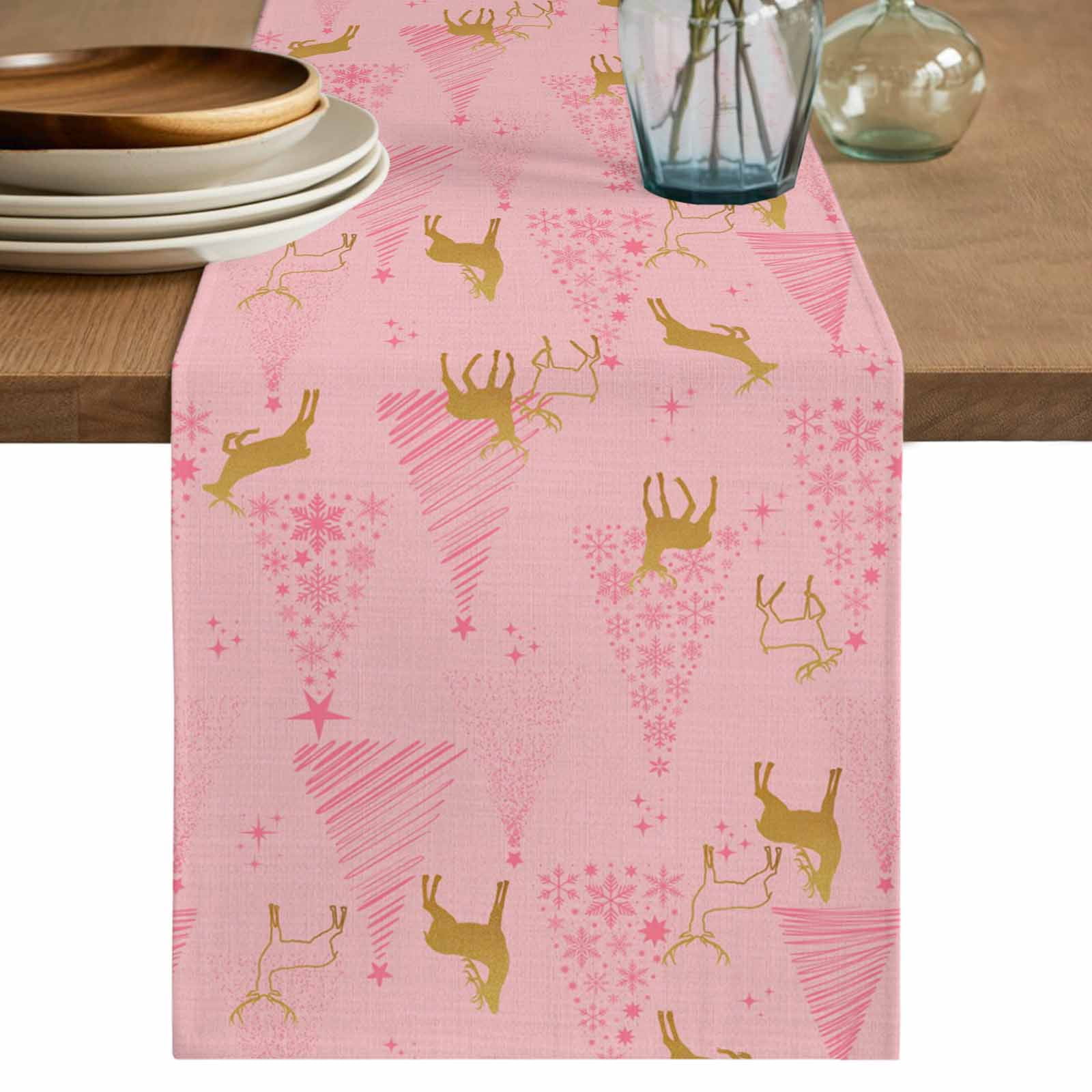 Christmas Pink Table Runner 72 Inches, Yellow Reindeer Xmas Pine Trees ...