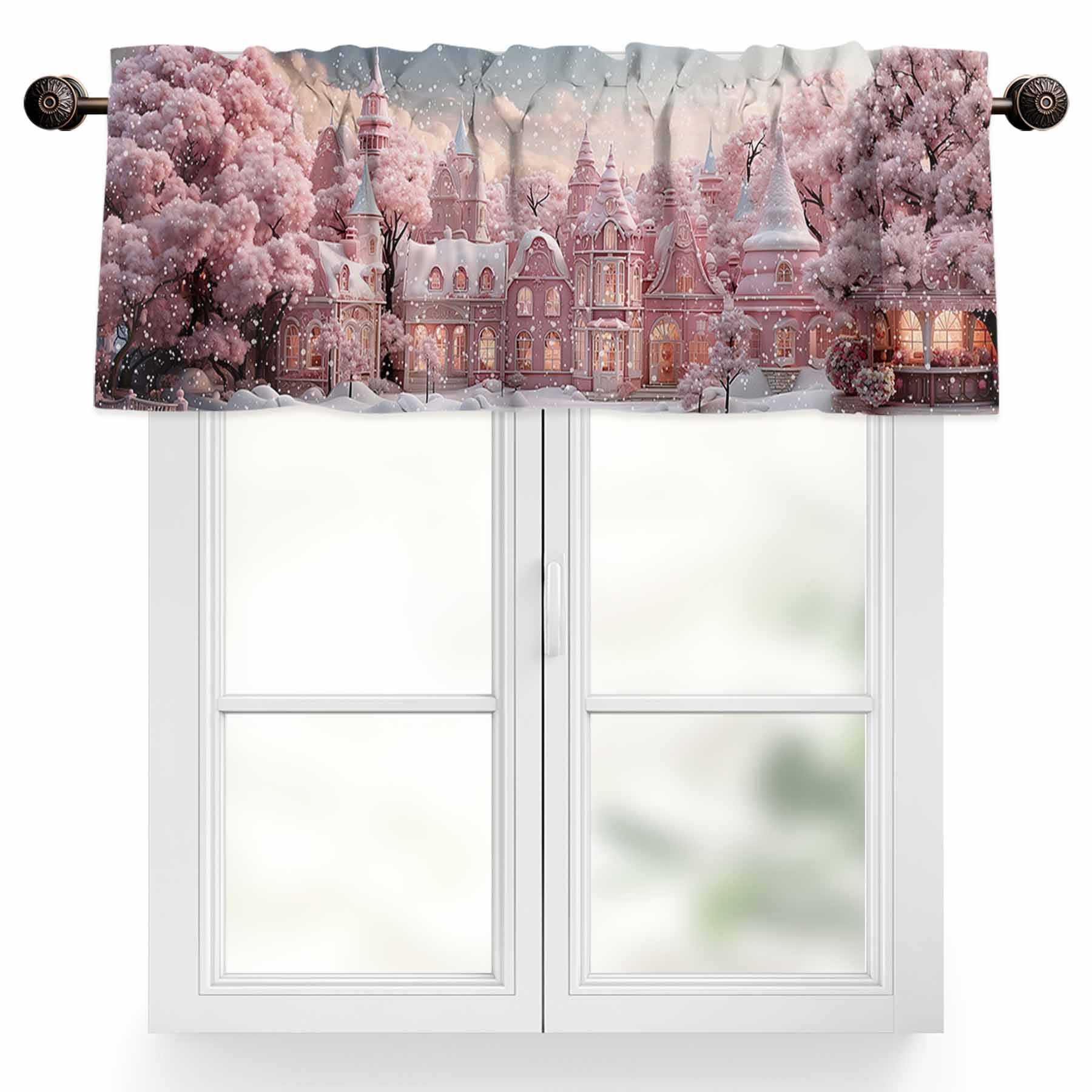 Christmas Pink Valances for Windows, 42 x 18in, Snow-covered House Tree ...